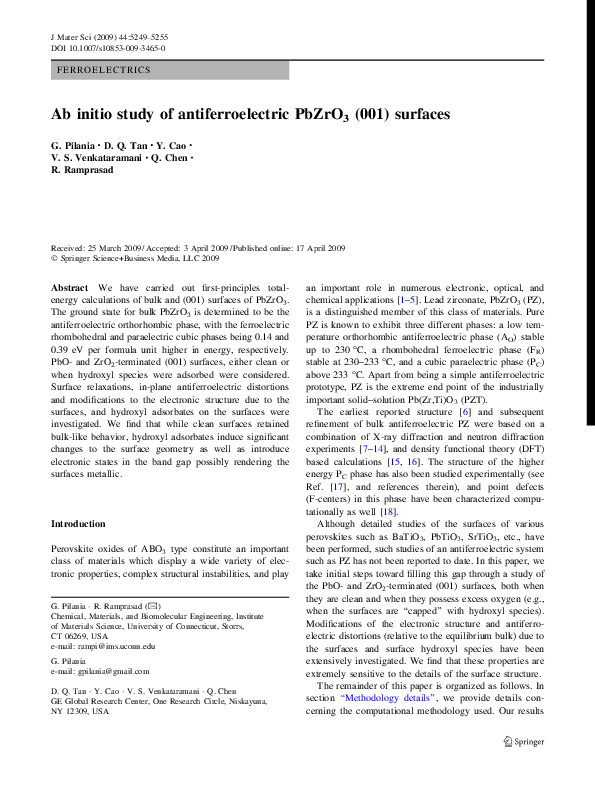 (PDF) Ab initio study of antiferroelectric PbZrO3 (001) surfaces
