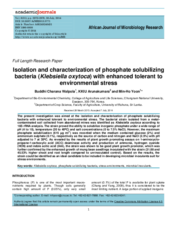 (PDF) Isolation and characterization of phosphate solubilizing bacteria (Klebsiella oxytoca ...