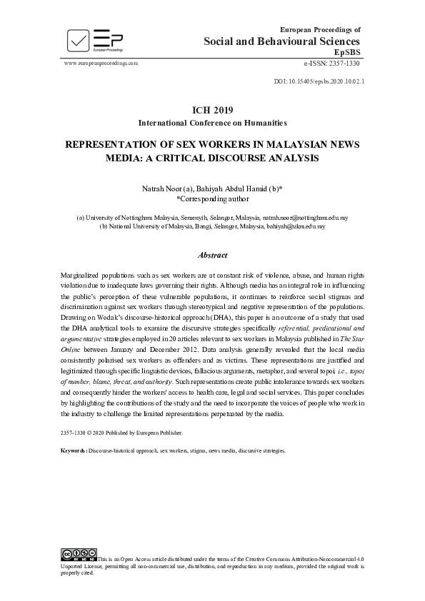 Pdf Representation Of Sex Workers In Malaysian News Media A Critical