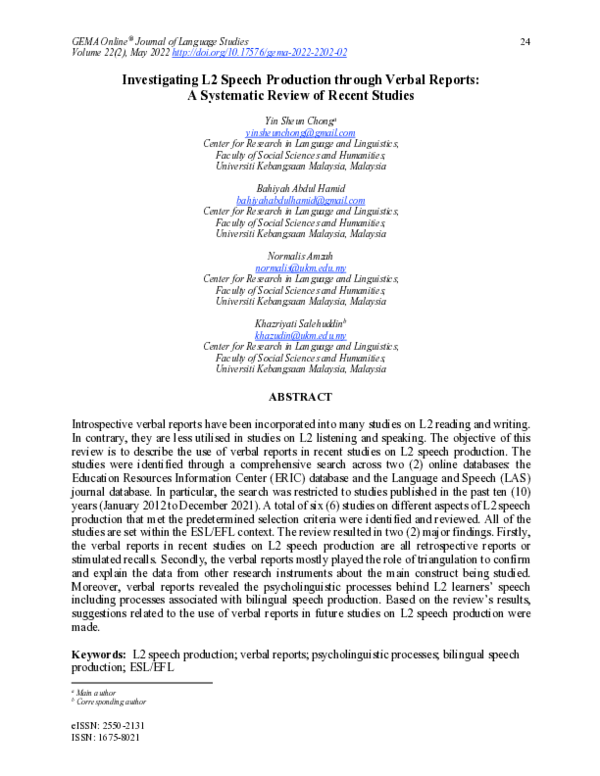 (PDF) Investigating L2 Speech Production through Verbal Reports: A ...