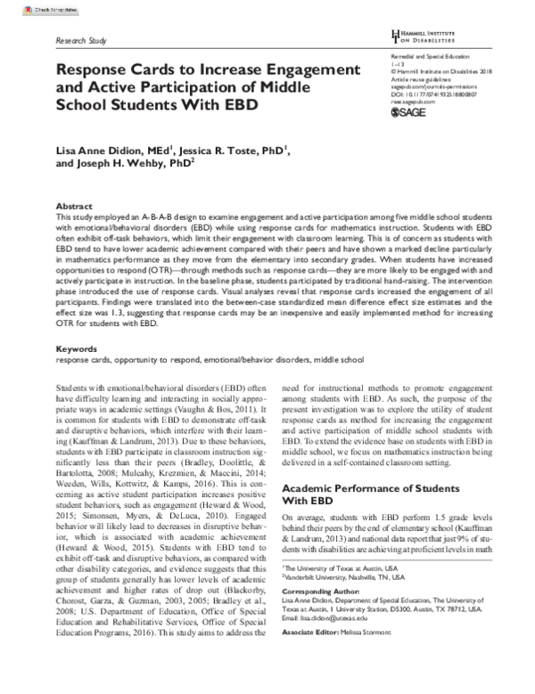 (PDF) Response Cards to Increase Engagement and Active Participation of ...