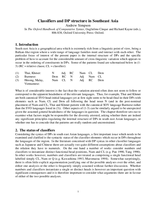 (PDF) Classifiers and DP Structure in Southeast Asia