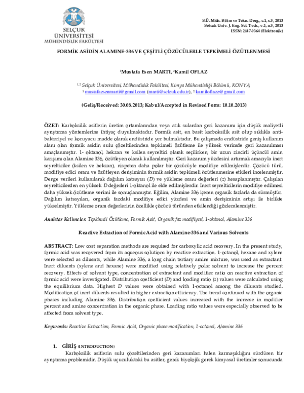 (PDF) Formi̇k Asi̇di̇n ALAMINE-336 Ve Çeşi̇tli̇ Çözücülerle Tepki̇meli̇ ...