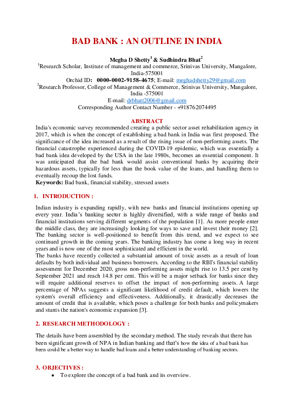 (PDF) Bad Bank : An Outline in India