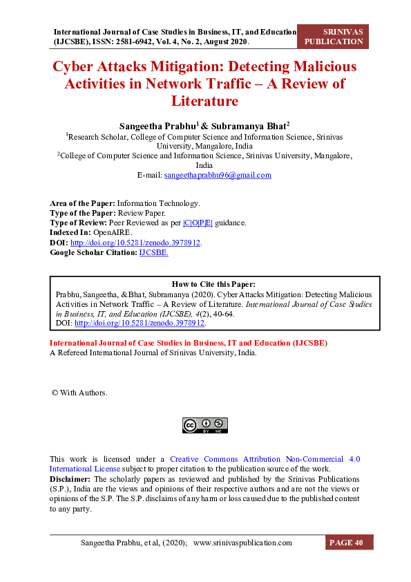 Pdf Cyber Attacks Mitigation Detecting Malicious Activities In Network Traffic A Review Of