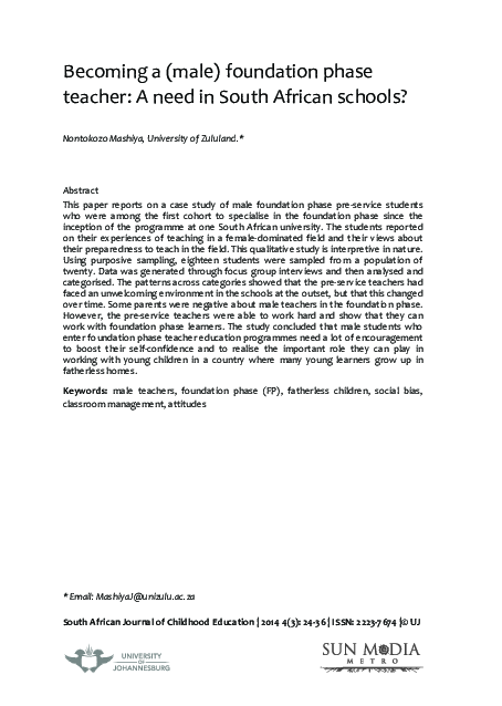 (PDF) Becoming a (male) foundation phase teacher: A need in South ...