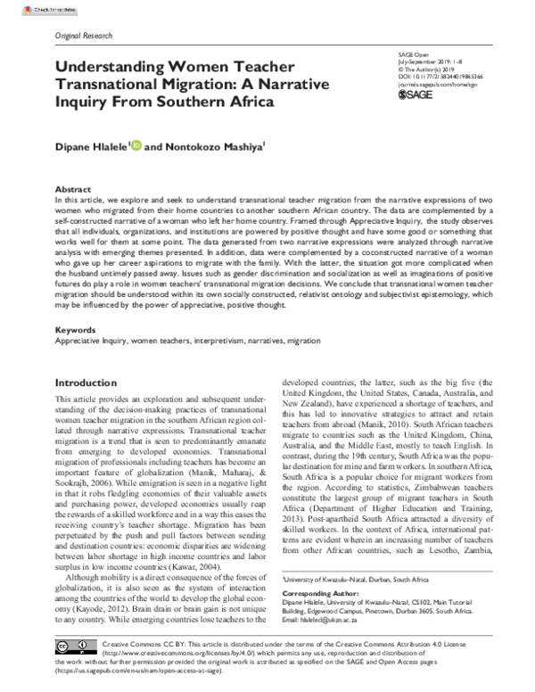 (PDF) Understanding Women Teacher Transnational Migration: A Narrative Inquiry From Southern Africa