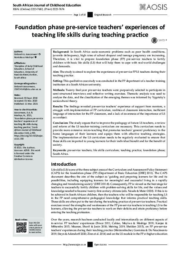 (PDF) Foundation phase pre-service teachers’ experiences of teaching ...