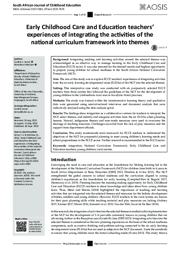 (PDF) Early Childhood Care and Education teachers’ experiences of ...