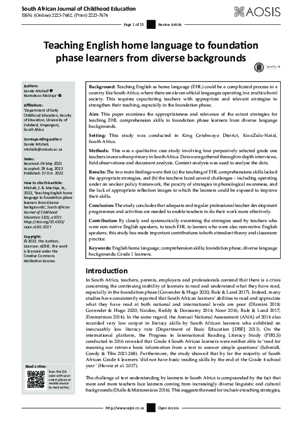 (PDF) Teaching English home language to foundation phase learners from ...