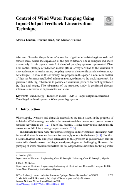(PDF) Control of Wind Water Pumping Using Input-Output Feedback Linearization Technique | Salima ...