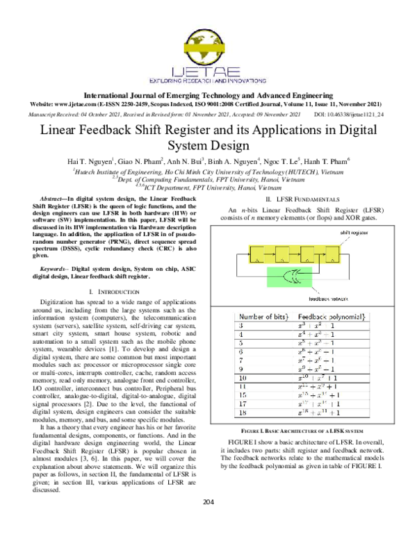 (PDF) Linear Feedback Shift Register and its Applications in Digital System Design