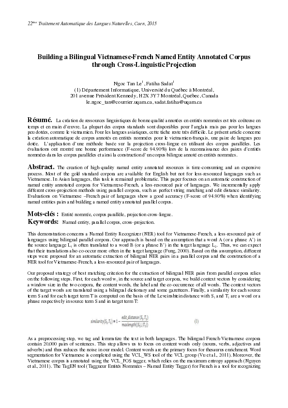 (PDF) Building a Bilingual Vietnamese-French Named Entity Annotated Corpus through Cross ...