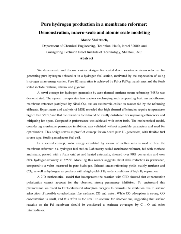 (PDF) Pure hydrogen production in a membrane reformer: Demonstration ...