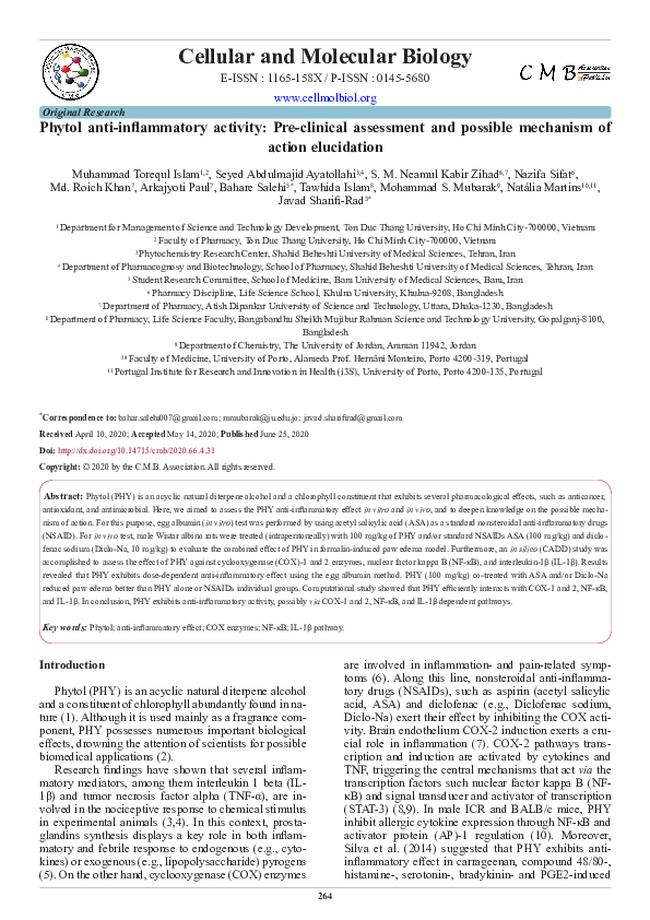 (PDF) Phytol anti-inflammatory activity: Pre-clinical assessment and ...