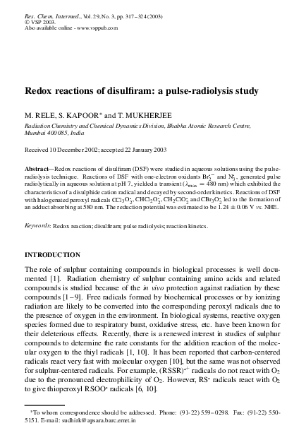 (PDF) Redox reactions of disulfiram: a pulse-radiolysis study