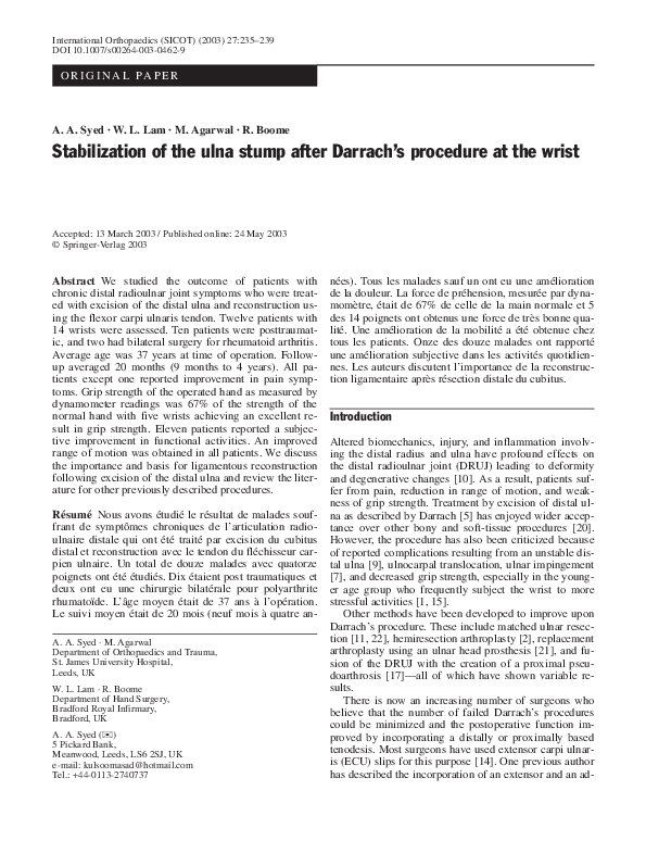 (PDF) Stabilization of the ulna stump after Darrach's procedure at the ...
