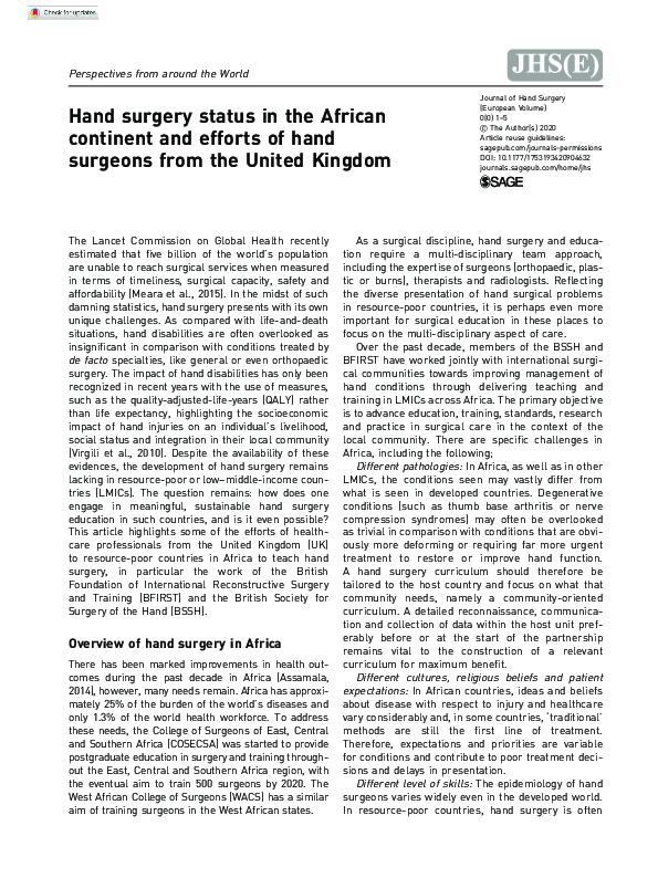 (PDF) Hand surgery status in the African continent and efforts of hand ...