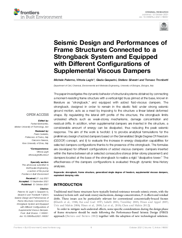 Pdf Seismic Design And Performances Of Frame Structures Connected To A Strongback System And