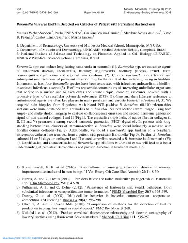 (PDF) Bartonella henselae Biofilm Detected on Catheter of Patient with ...