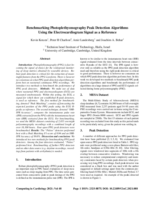 Pdf Benchmarking Photoplethysmography Peak Detection Algorithms Using The Electrocardiogram