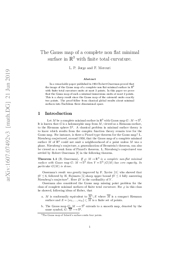 (PDF) The Gauss map of a complete minimal surface with finite total curvature