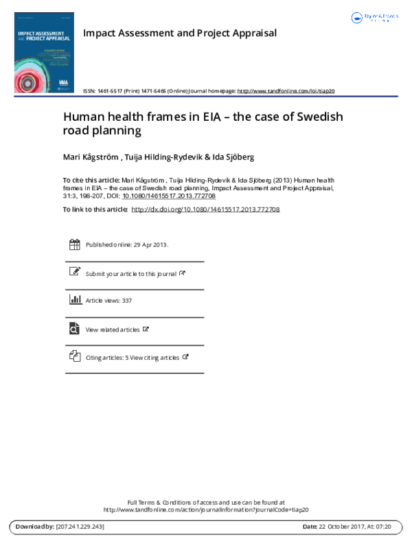 (PDF) Human health frames in EIA – the case of Swedish road planning
