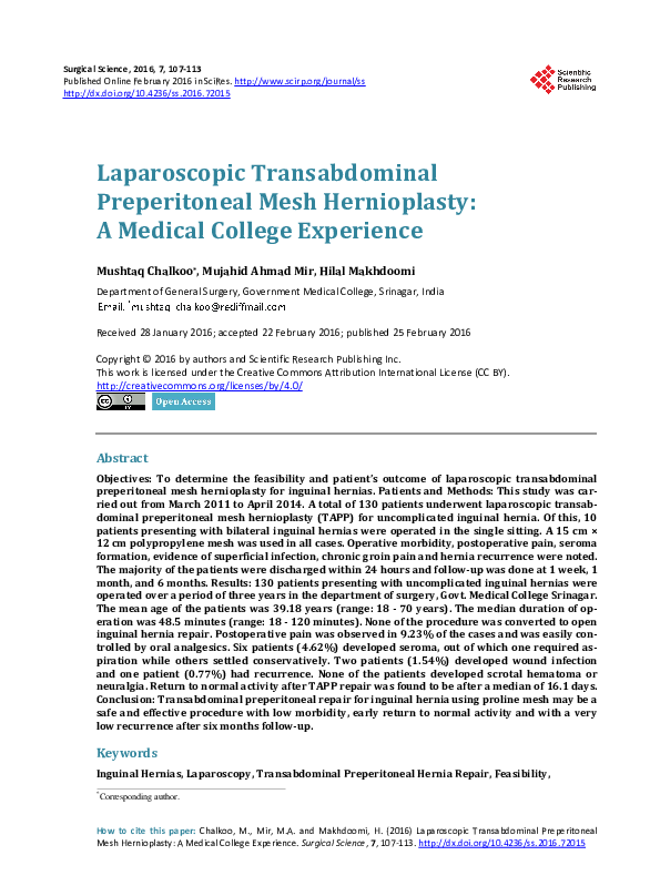 (PDF) Laparoscopic Transabdominal Preperitoneal Mesh Hernioplasty: A Medical College Experience
