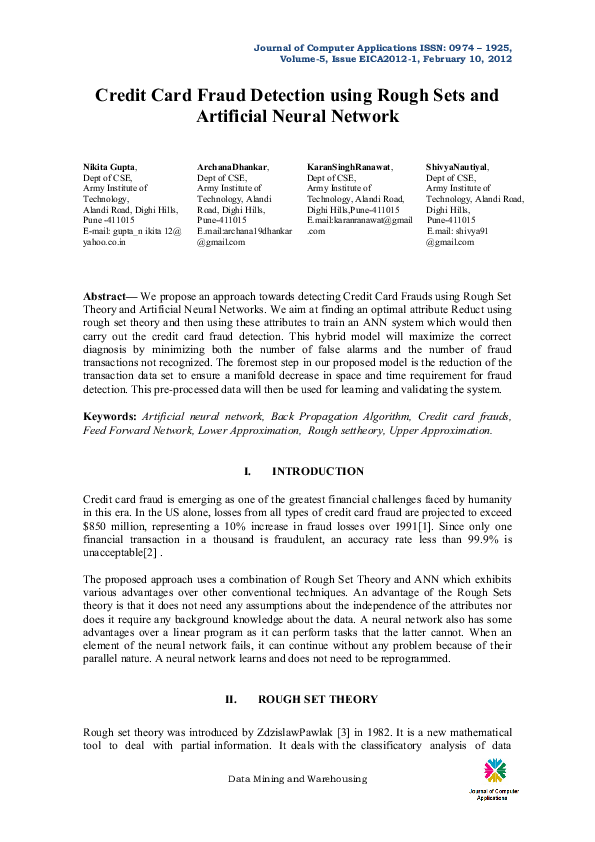 (PDF) Credit Card Fraud Detection using Rough Sets and Artificial Neural Network - EICA158