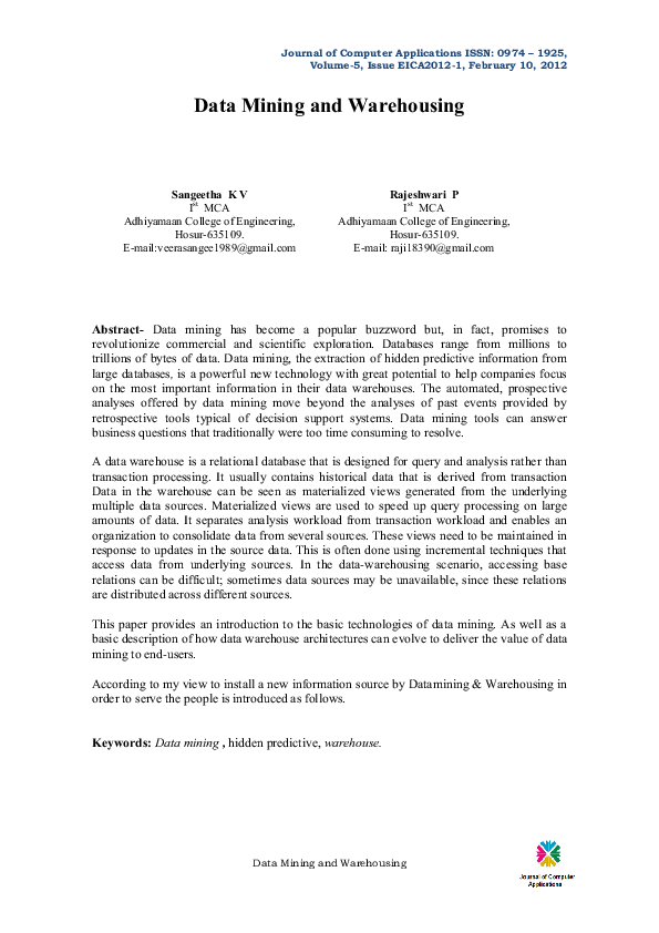 (PDF) Data Mining and Warehousing - EICA279