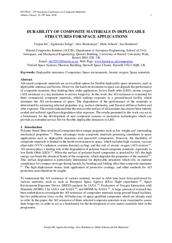 (PDF) Durability of composite materials in deployable structures for space applications | Ian ...