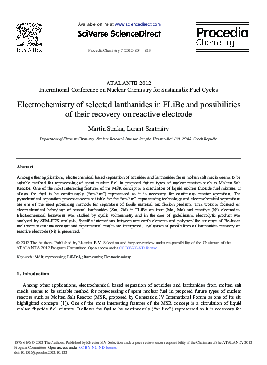 (PDF) Electrochemistry of Selected Lanthanides in FLiBe and ...