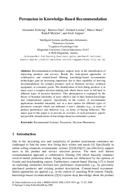 (PDF) Persuasion in Knowledge-Based Recommendation