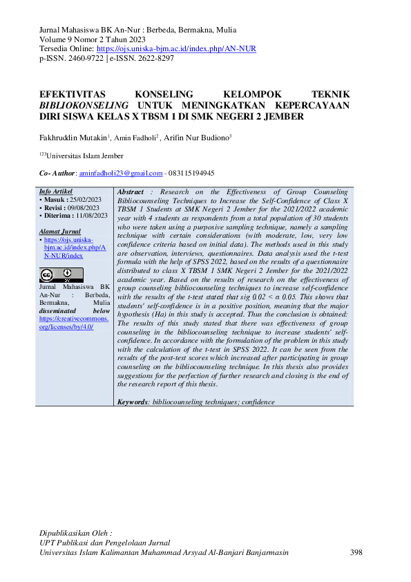 (PDF) Efektivitas Konseling Kelompok Teknik Bibliokonseling Untuk Meningkatkan Kepercayaan Diri ...