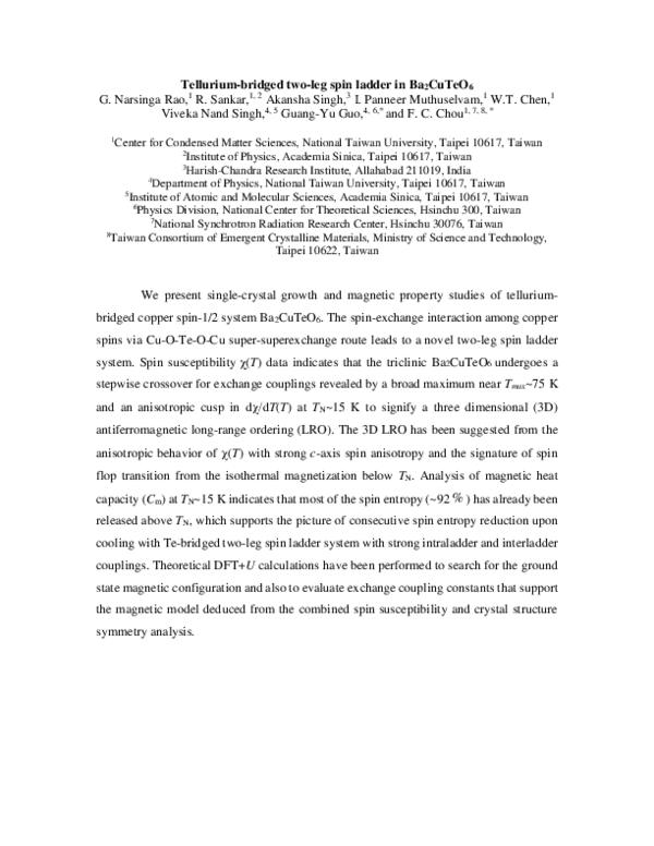 (PDF) Tellurium-bridged two-leg spin ladder inBa2CuTeO6