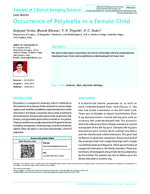(PDF) Occurrence of Polymelia in a Female Child