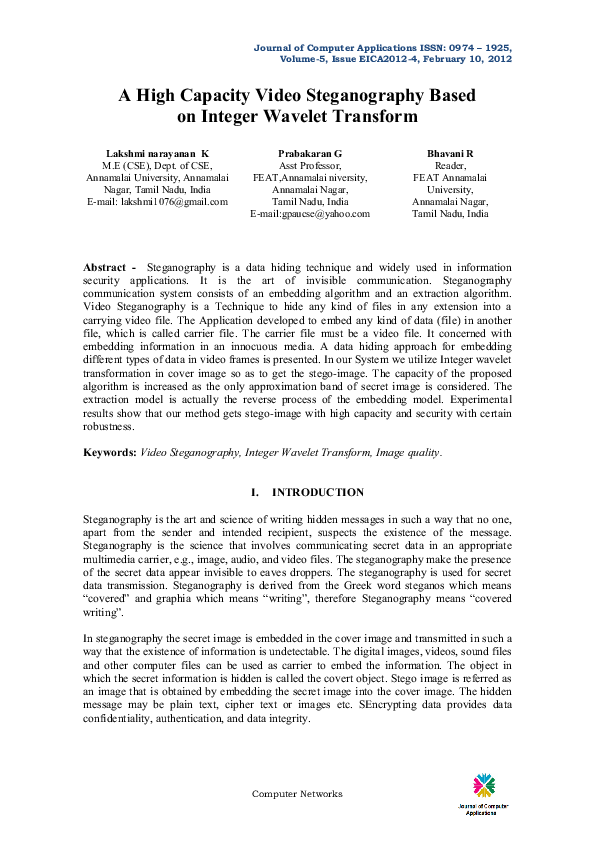 (PDF) A High Capacity Video Steganography Based on Integer Wavelet Transform - EICA031