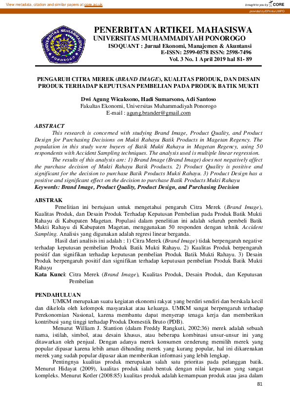 (PDF) Pengaruh Citra Merek (Brand Image), Kualitas Produk, Dan Desain ...