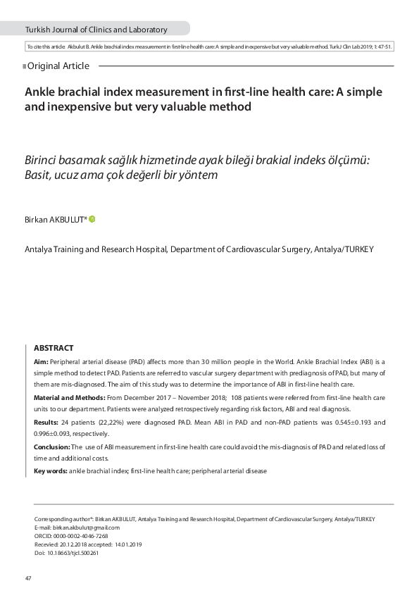 (PDF) Ankle brachial index measurement in first-line health care: A ...