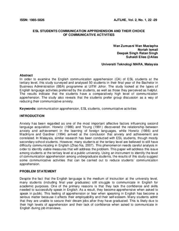 (PDF) ESL students communication apprehension and their choice of communicative activities