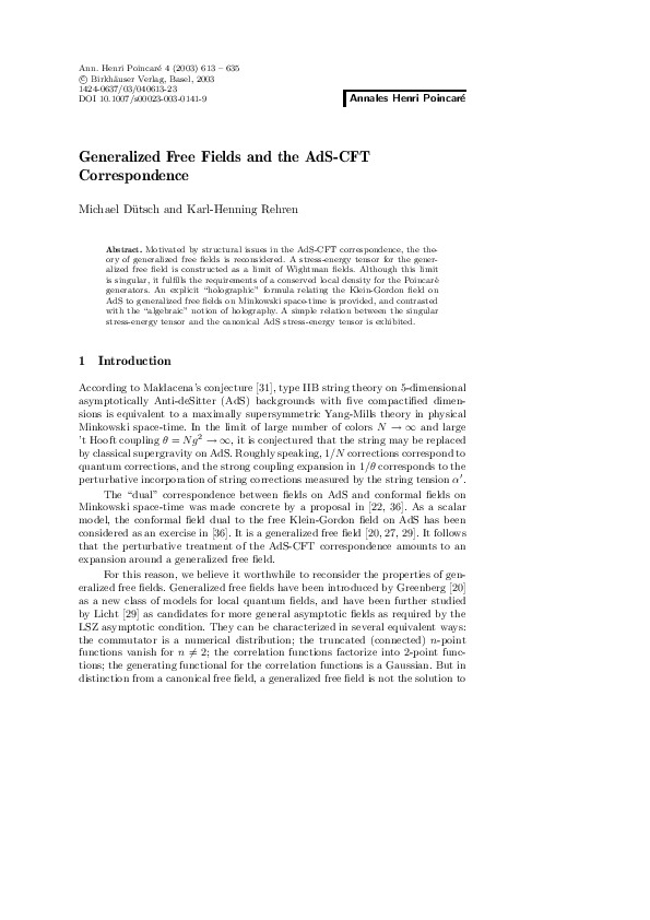 (PDF) Generalized Free Fields and the AdS-CFT Correspondence