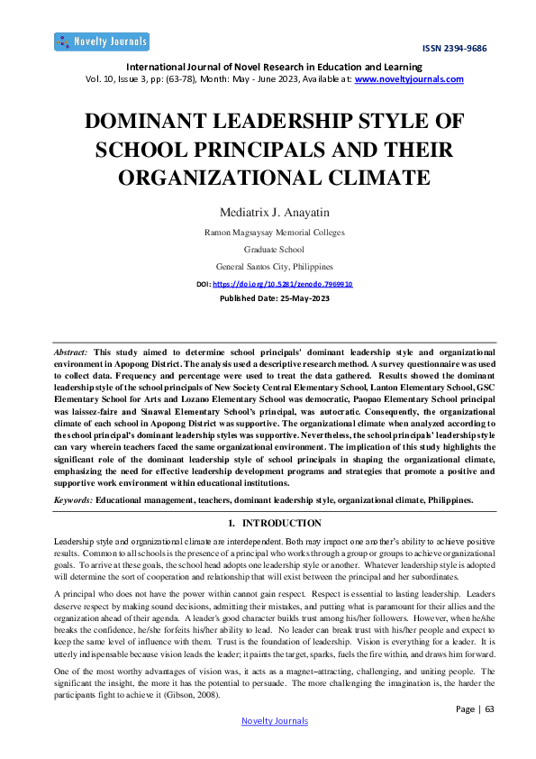 (PDF) Dominant Leadership Style of School Principals and Their ...