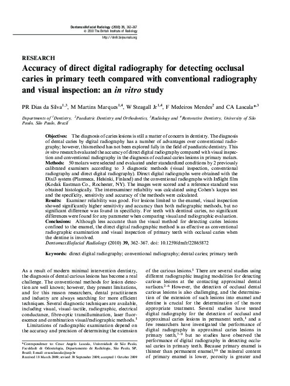 Pdf Accuracy Of Direct Digital Radiography For Detecting Occlusal Caries In Primary Teeth