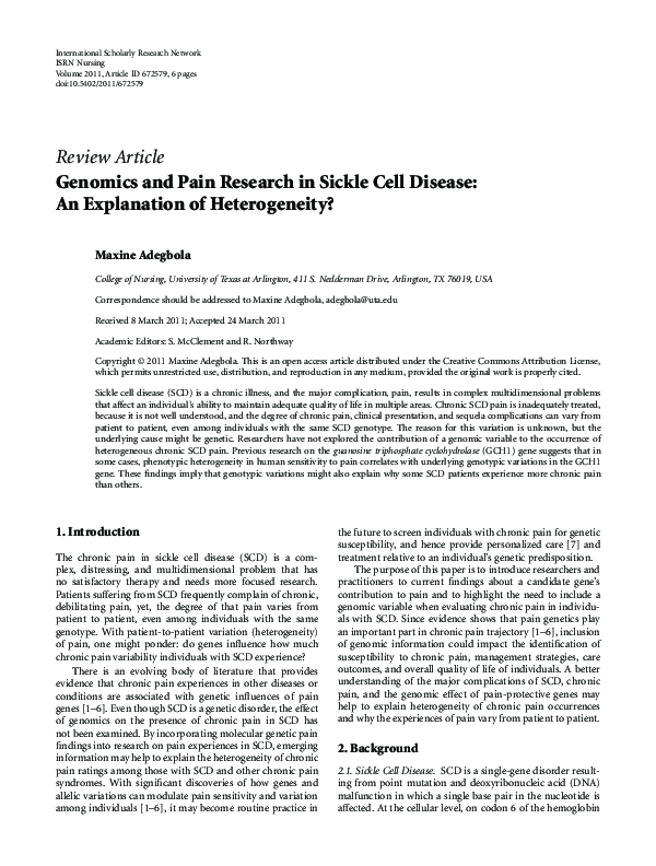 (PDF) Genomics and Pain Research in Sickle Cell Disease: An Explanation ...