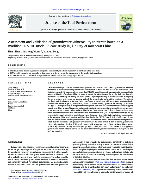 Pdf Assessment And Validation Of Groundwater Vulnerability To Nitrate And Tds Using Based On A