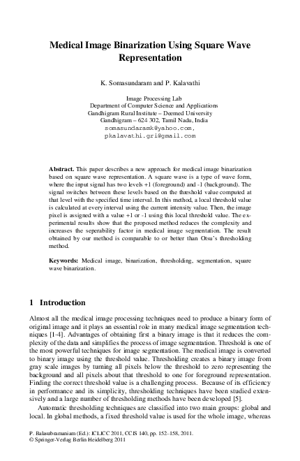 (PDF) Medical Image Binarization Using Square Wave Representation