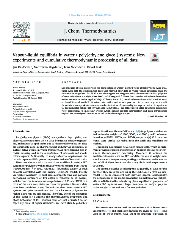 (PDF) Vapour–liquid equilibria in a water + poly(ethylene glycol ...