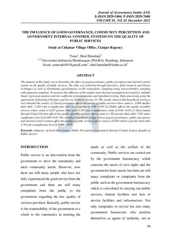 (PDF) The Influence of Good Governance, Community Perception and ...