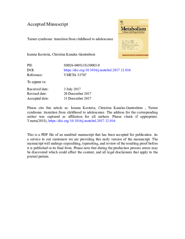 (PDF) Turner Syndrome: transition from childhood to adolescence
