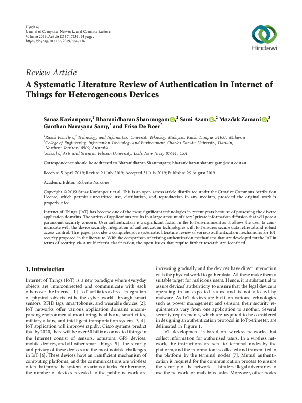 (PDF) A Systematic Literature Review of Authentication in Internet of Things for Heterogeneous ...